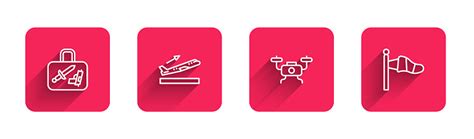 세트 라인 여행 가방 비행기 이륙 드론 비행 및 긴 그림자가 있는 콘 기상학 Windsock 빨간색 사각형 버튼입니다 벡터 가방에 대한 스톡 벡터 아트 및 기타 이미지