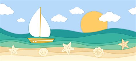 바다 파도 배 및 종이 아트 스타일에 열 대 해변 여행 개념 벡터 일러스트 레이 션 여름 방학 포스터 종이에 디자인을 잘라 0명에 대한 스톡 벡터 아트 및 기타 이미지