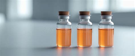 Three Glass Laboratory Vials With Orange Liquid On Table Surface Stock Image Image Of Roosting