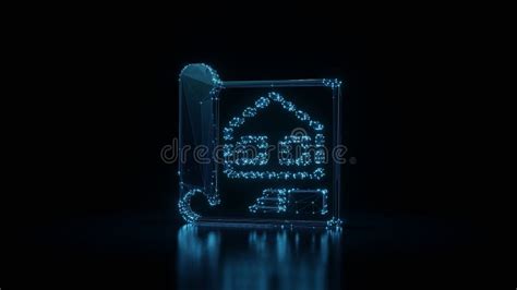 3d Rendering Wireframe Neon Glowing Symbol Of Blueprint On Black Background With Reflection