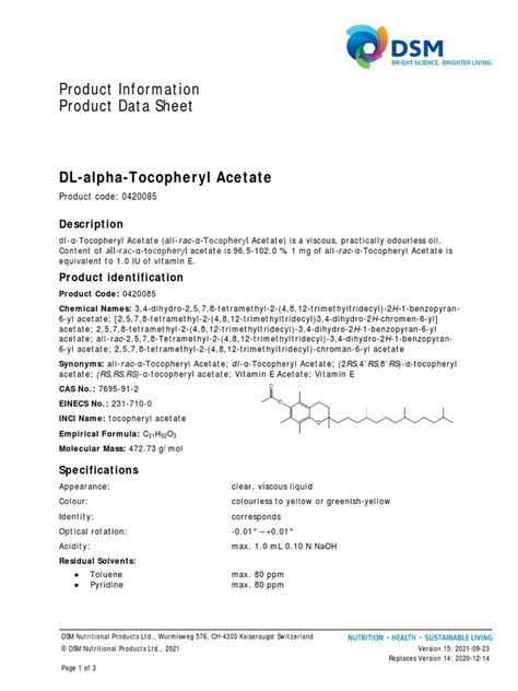 Pds 0420085 Dl Alpha Tocopheryl Acetate En Pdf Vitamin E Chemical Substances