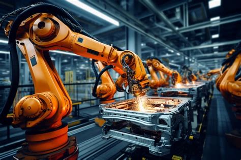Premium Ai Image Automated Robotic Arm Welds In An Industrial Assembly Line Manufacturing Plant