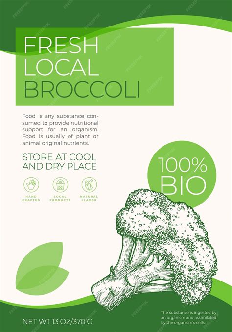 신선한 지역 야채 레이블 템플릿 추상적인 벡터 포장 디자인 레이아웃 손으로 그린 브로콜리 스케치 실루엣 배경 절연 현대 인쇄 술