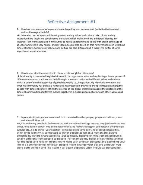 Reflective Assignment 1 Reflective Assignment How Has Your Sense Of Who You Are Been Shaped By