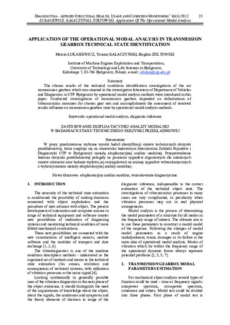 Pdf Operational Modal Analysis For Gearbox State Assessment