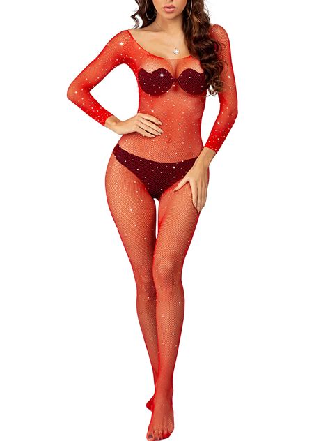 Womens Sexy Sheer Mesh Lingerie Shining Diamond See Through Mesh Body
