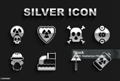 폐수 원자 원자력 배터리 고전압 표지판 원자로 작업자 뼈 및 두개골 경고 방사성 및 방패 아이콘을 설정합니다 벡터 건축물에 대한