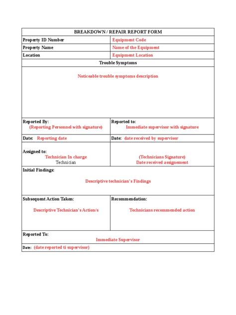 Template Equipment Breakdown Repair Report Form Pdf