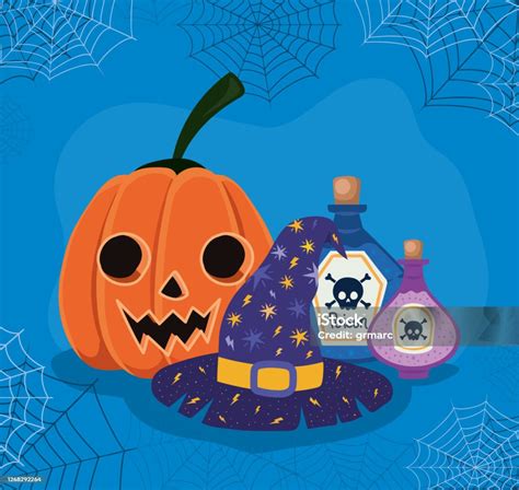거미줄 프레임 벡터 디자인할로윈 호박 만화 마녀 모자와 독 10월에 대한 스톡 벡터 아트 및 기타 이미지 10월 가을
