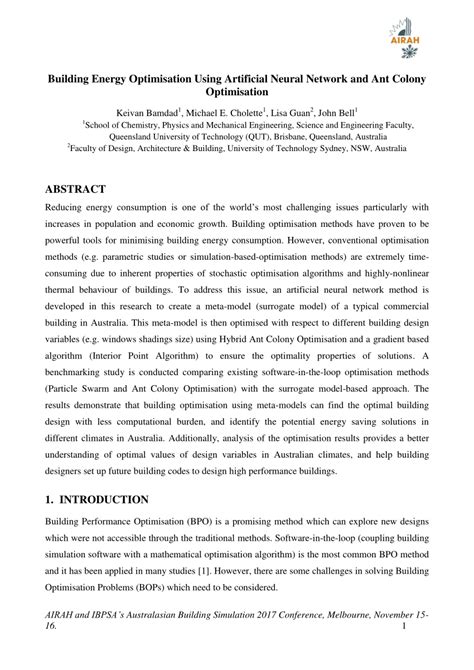 Pdf Building Energy Optimisation Using Artificial Neural Network And Ant Colony Optimisation