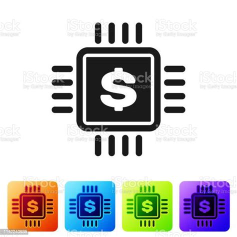흰색 배경에 고립 달러 아이콘 블랙 프로세서 칩 Cpu와 달러 기호입니다 색상 사각형 버튼에 아이콘을 설정 합니다 벡터 일러스트 Cpu에 대한 스톡 벡터 아트 및 기타