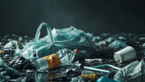 Plastic Garbage Polluting The Environment In A Dark Scene Stock