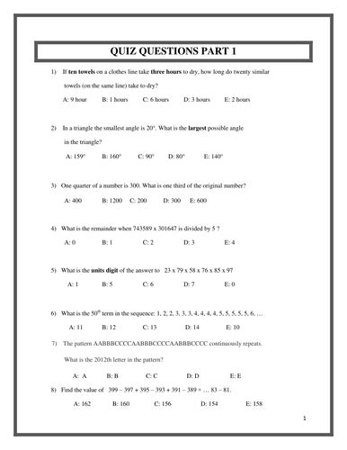 Ks3 Maths Lesson Starter Quiz Teaching Resources