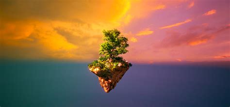 Pulau Terapung Fantasi Dengan Ilustrasi 3d Pemandangan Matahari