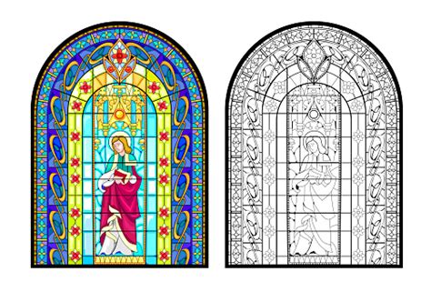 고딕 양식의 스테인드 글라스 창문의 화려하고 흑백 그림은 사도 베드로와 함께 있습니다 어린이와 성인을 위한 색칠하기 책 서유럽의 중세 건축 양식 벡터 이미지입니다 스테인드