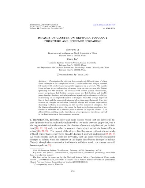 PDF Impacts Of Cluster On Network Topology Structure And Epidemic Spreading