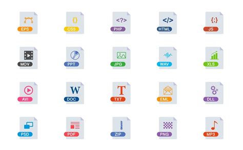 File Type Icons Set Format And Extension Of Documents Set Of Eps Css Php Html Js Mov Ppt