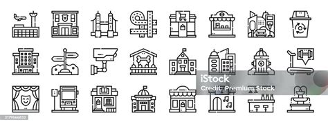 공항 경찰서 다리 도로 슈퍼마켓 커피 숍 도시 공원 보고서 프리젠 테이션 다이어그램 웹 디자인 모바일 앱을위한 벡터 아이콘과 같은 24 개의 개요 웹 도시 생활 아이콘 세트