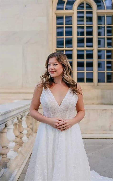 Sparkling Lace A Line Wedding Dress With Plunging V Neckline 7718 A