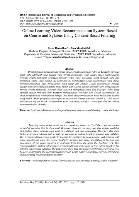 Pdf Online Learning Video Recommendation System Based On Course And