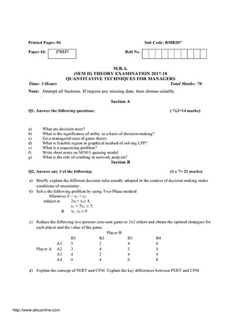 Mba 2 Sem Quantitative Techniques For Managers Rmb207 2018 Pdf