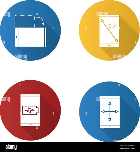 Smartphone Flat Design Long Shadow Glyph Icons Set Display Inch Size Screen Rotation And