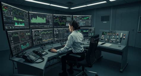 Data Analyst In High Tech Control Room A Female Data Analyst Works Diligently Analyzing Complex