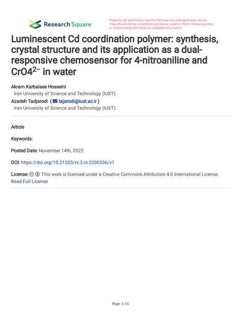 Pdf Luminescent Cd Coordination Polymer Synthesis Crystal Structure