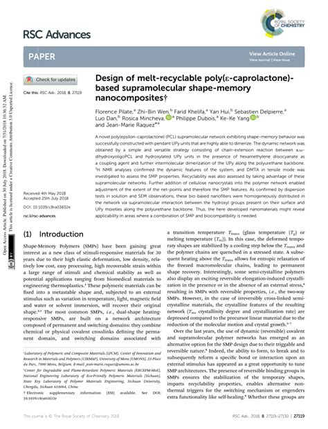 Pdf Design Of Melt Recyclable Polyε Caprolactone Based Supramolecular Shape Memory