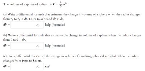 Solved The Volume Of A Sphere Of Radius R Is V 4 3 Tp3 A