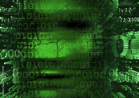 Hacker Face On Green Binary Codes Background Human Ruined Face With Cracks Smeared With Binary