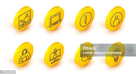 아이디어 졸업 모자 지구본 화상 채팅 회의 학생 계정 화면 만들기 정보 노트북 및 온라인 교육 아이콘의 개념으로 전구를 설정합니다 벡터 3차원 형태에 대한 스톡 벡터 아트