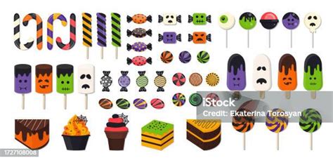 할로윈 달콤한 사탕 디저트 및 아이스크림 벡터 세트입니다 으스스한 괴물 과자 막대 사탕 껌볼 설탕 캐러멜 트위스트 마시멜로 컬렉션 개체 그룹에 대한 스톡 벡터 아트 및 기타