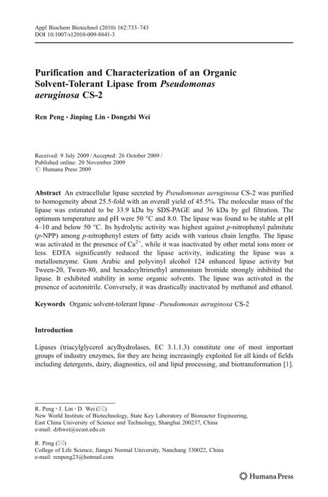 Pdf Purification And Characterization Of An Organic Solvent Tolerant Lipase From Pseudomonas