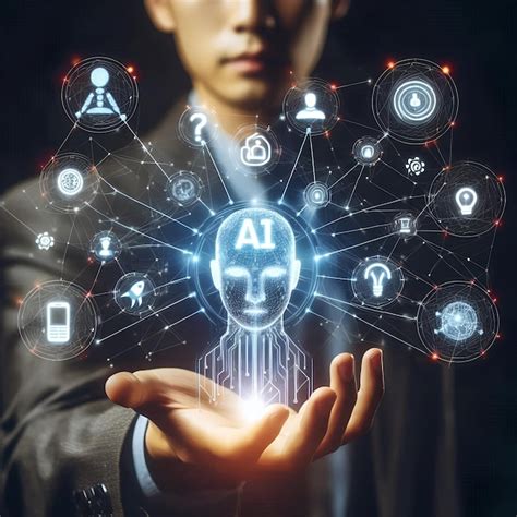 person holding a holographic display with interconnected ai icons
