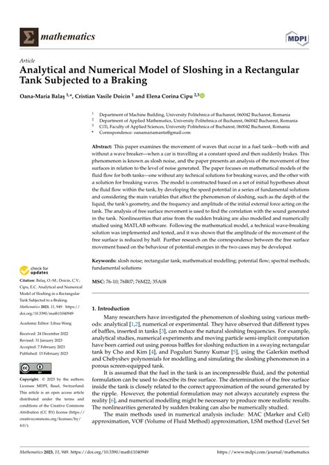Pdf Analytical And Numerical Model Of Sloshing In A Rectangular Tank