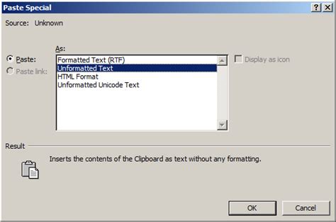 Short Cut For Pasting Unformatted Text With The Default Paste Options