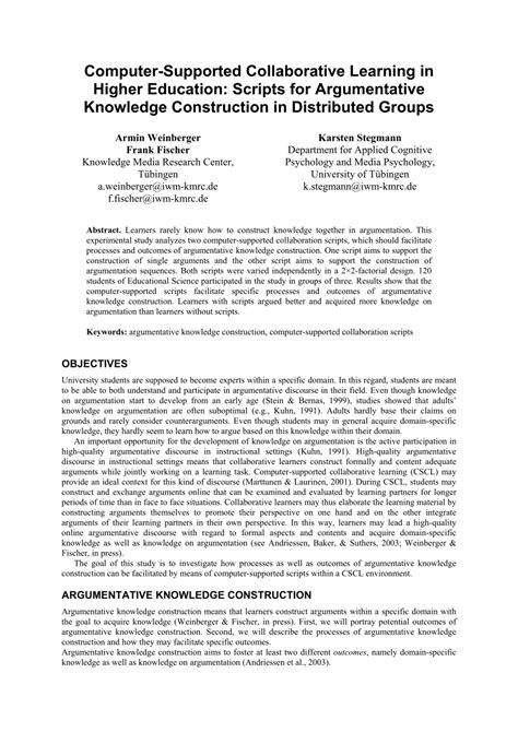 Pdf Computer Supported Collaborative Learning In Higher Education Scripts For Argumentative