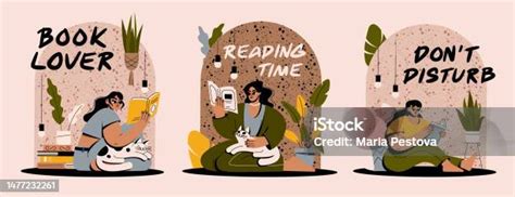 아늑한 삽화 세트 한 소녀가 책을 읽고 있다 여자는 고양이와 함께 아름다운 실내에서 집에서 쉬고 있다 도서관에 대한 스톡 벡터