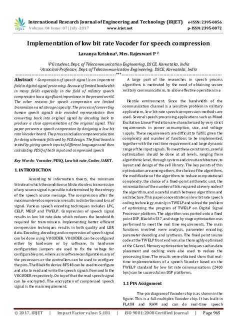 pdf implementation of low bit rate vocoder for speech compression