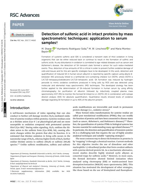 Full Article Detection Of Sulfenic Acid In Intact Proteins By Mass Spectrometric Techniques