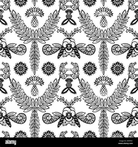 Linocut Illustration Of Flowers Linear Woodcut Illustration Black Linear Flower Pattern Fern