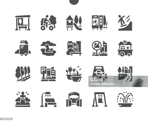 시티 파크 휴식과 엔터테인먼트를위한 아름다운 장소 분수 꽃 놀이터 및 스케이트 보드 커피숍 가로등 벡터 솔리드 아이콘입니다 간단한 그림 아이콘에 대한 스톡 벡터 아트 및