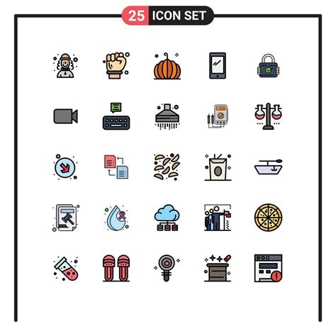 Group Of 25 Filled Line Flat Colors Signs And Symbols For Lock Android Food Mobile Phone