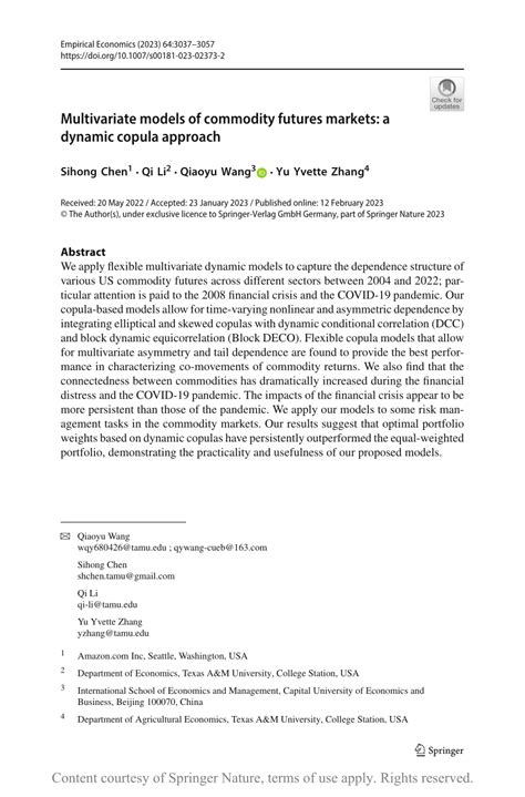 Multivariate Models Of Commodity Futures Markets A Dynamic Copula Approach
