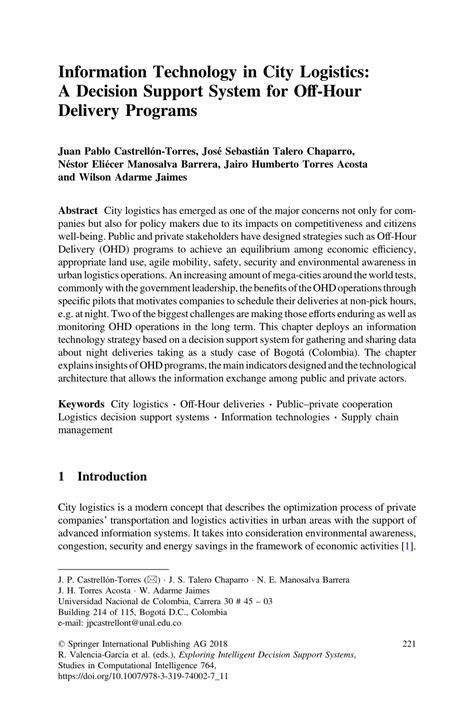Pdf Information Technology In City Logistics A Decision Support System For Off Hour Delivery