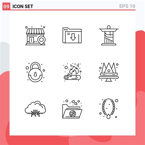 Set Of 9 Commercial Outlines Pack For Crown Fire Christ Bonfire Lock Editable Vector Design