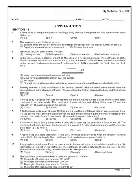 Friction Practice Sheet Pdf Friction Force