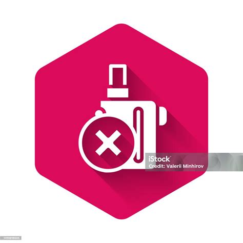 긴 그림자 배경으로 격리 된 흰색 전자 담배 아이콘 Vape 흡연 도구 기화기 장치 핑크 육각형 버튼 벡터 Prohibition에 대한 스톡 벡터 아트 및 기타 이미지