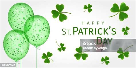 해피 세인트 패트릭의 날 성 패트릭스 데이는 흰색 배경에 색종이가 달린 플라잉 클로버 잎과 풍선이 있는 인사말 카드 아일랜드 전통 휴가 클로버 온대 식물에 대한 스톡 벡터